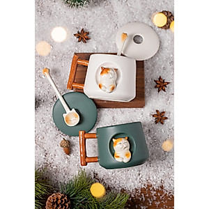 DIHOclub Adorable 3D Ceramic Cat Mug with Lid and Spoon - Perfect for Coffee, Tea, Milk, and More - Ideal Gift for Animal Lovers - 14 Ounces (Green)