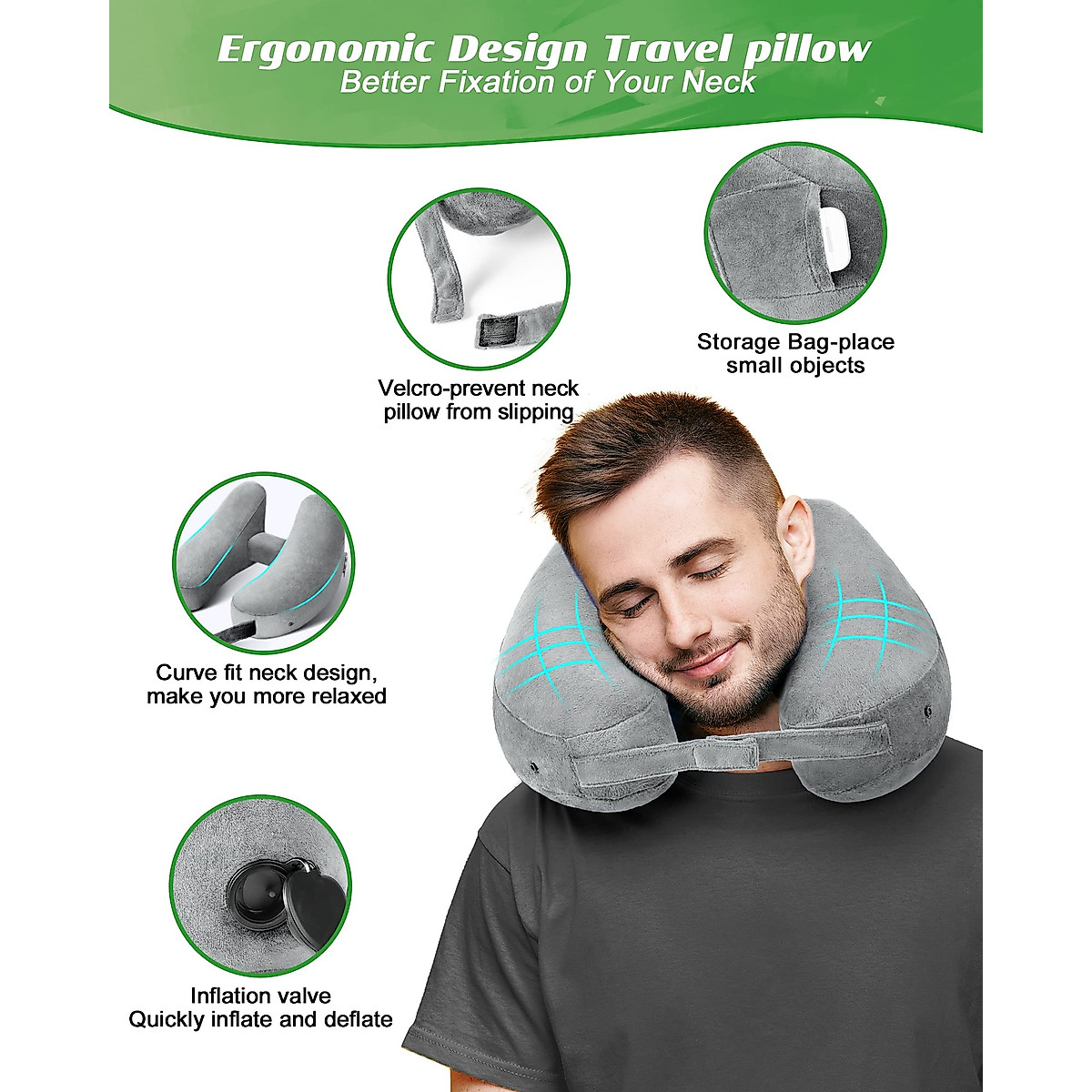 JefDiee Relax in Style with Travel Pillow for Neck, Chin and Head Support with Washable Velour Cover and Sleep Accessories Set, t2