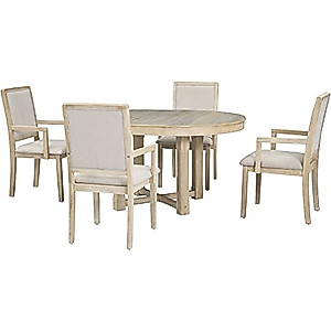 Merax 5-Piece Furniture Set, Round to Oval Extendable Butterfly Leaf Wood Dining Table and 4 Upholstered Chairs with Armrests, 5pcs, Natural