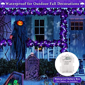 Ouddy Decor 2 Pack Lighted Halloween Garland, Total 20 FT 60 LED Black Maple Leaves Garland with Eyeballs Lights Waterproof Timer Battery Operated for Indoor Outdoor Home Halloween Decorations, Purple