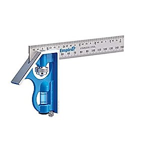 Empire E255IM Heavy Duty Professional Combination Square with Etched Stainless Steel Blade Inch and Metric Graduations, True Blue Vial, 6-Inch