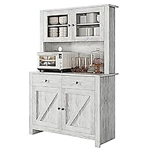 IDEALHOUSE Kitchen Pantry Cabinet with Microwave Stand, Freestanding Hutch with Drawers, Doors & Adjustable Shelves, Buffet Cabinet with Storage, Food Pantry for Kitchen, Dining Room, Grey