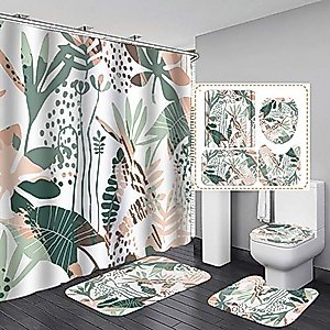 4 PCS Green Flower Shower Curtain Sets with Non-Slip Rugs and Toilet Lid Cover Rose Floral Leaf Bath Decor Shower Curtains 72"x 72" with 12 Hooks Durable Waterproof for Bathroom