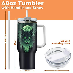 FOXCORNER Personalized Green Wolf Tumbler 40oz with Handle & Straw for Wolf Lovers, Wolfs Present for Men Women on Birthday Christmas, Custom Name Stainless Steel Travel Coffee Cup, Animal Lover Gifts
