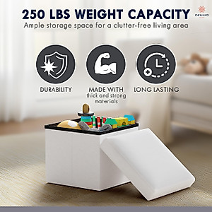 Ornavo Home Small Storage Ottoman Foldable Collapsible Cube Square Linen Ottoman Foot Rest Stool Seat, for Living Room, Bedroom, Home Office, Dorm - 12 x 12 x 12, White