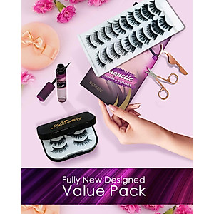 Bisutang Magnetic Eyelashes with Eyeliner, 12-Pair Reusable Magnetic Lashes with 2 Tubes of Magnetic Eyeliner, Glue-free Natural Look Eye Lashes Kit with Scissors Tweezers & Mirror Case