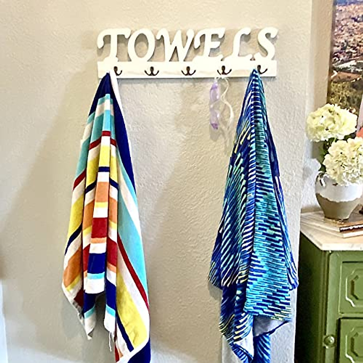 White Towel Holder with 5 Antique Bronze Double Towel Hooks for Your Wall