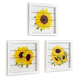 Sunflower Wall Decor Set of 3 - Rustic 8x8 Inch Printed Panels for Home, Bathroom, Kitchen, or Office - Sunflower Gifts for Women Wood Flower Pictures Design Theme Clearance Decorations Sun Flowers to Brighten Up Any Space