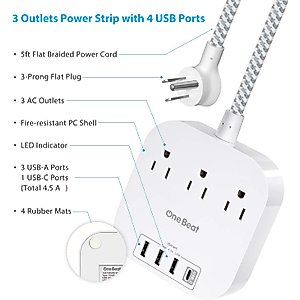 USB C Power Strip, 3 Outlet Multi Plug Outlet Extender, 5 Ft Extension Cord with Multiple Outlet with No Surge Protection