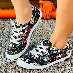 Halloween Shoes for Women Halloween Sneakers Pumpkin Shoes for Women Skeleton Shoes Casual Fashion Skull Head Print Lace Up Low Top Loafers Comfortable Walking Shoes