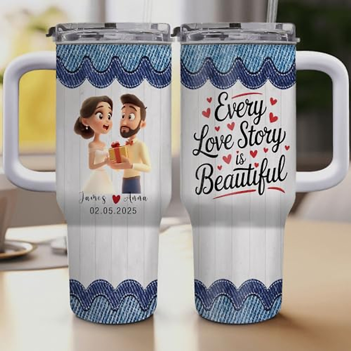 Custom 40oz Tumbler with Handle – wedding kiss-Personalized Couple Gift for Anniversary Wedding Gift, Birthday, Mother's Day, Valentine’s Day v2es8D