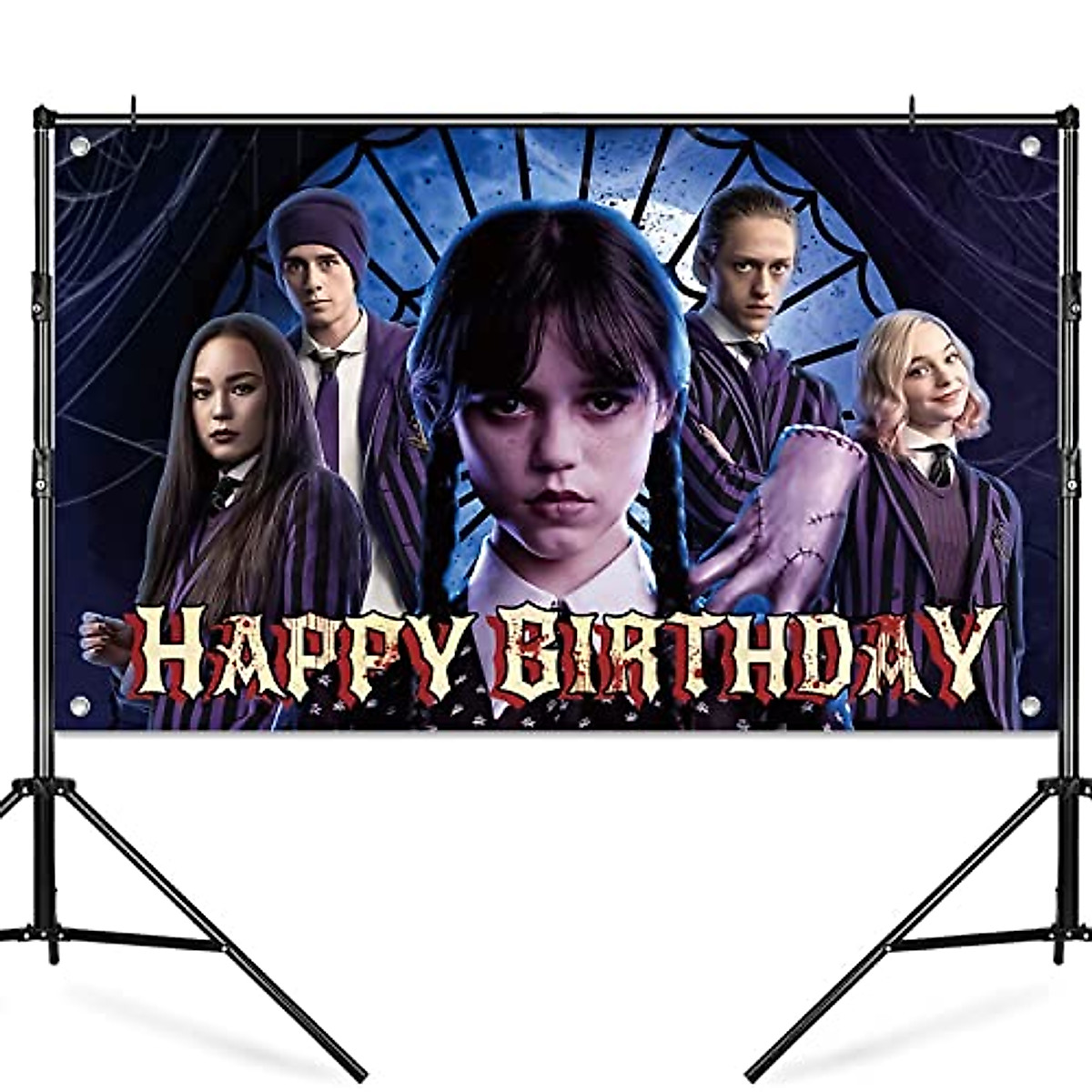 Wednesday New Addams Party Supplies, Happy Birthday Backdrop for Wednesday Party Decorations, 5 x 3FT Birthday Banner for Girls Boys Kids Birthday Party Decor