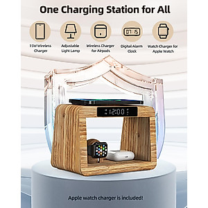 Bamboo Wireless Charging Station,Wireless Charger with Digital Alarm Clock and Night Light, Fast Charger Stand for iPhone 15/14/13/12/11 Pro Max/X/Xs, AirPods Pro, iWatch Series 8/7/6/5/SE