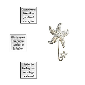 47th & Main Coastal Cast Iron Wall Hook, 3.85" L x 2.95" H, White Starfish