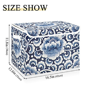 VIGTRO Blue and White Flower Storage Bins with Lids Foldable Storage Boxes with 2 Handles, Chinese Tradition Decorative Storage Basket Collapsible for Clothes Books