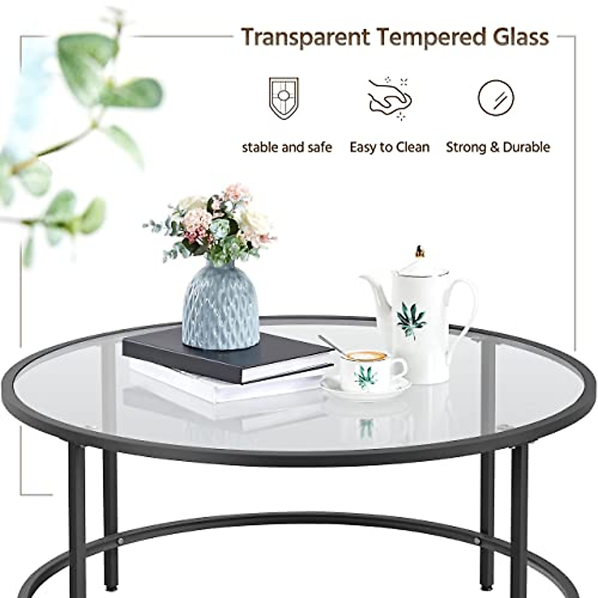 Yaheetech 36in Modern Coffee Table,Black Round Tempered Glass Coffee Tables w/Protective Foot Pads,Metal Structure & Reinforced Frame for Living Room,Dining Room,Apartment,Small Space