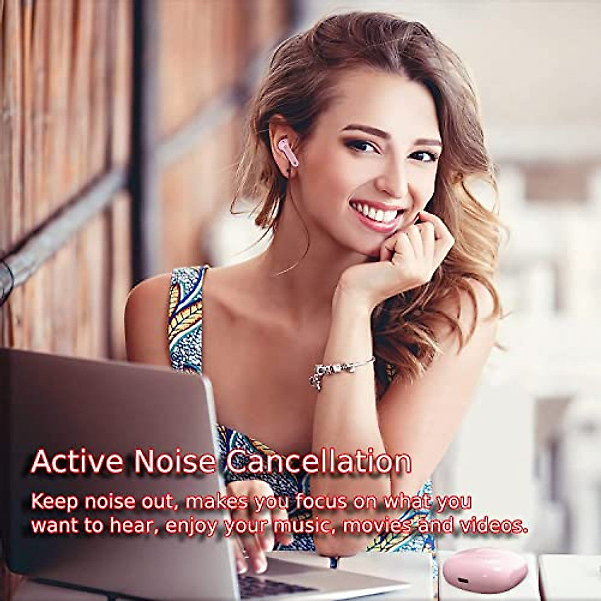Active Noise Cancelling Wireless Earbuds in-Ear Bluetooth Headphones, IPX7 Waterproof Hi-Fi Stereo Earphones for Smart Phone Computer Laptop (Pink)