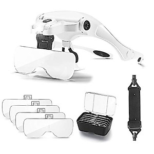 OrchidBest LED Illuminated Magnifying Glass Head-Worn Magnifying Eye Glasses Handsfree Reading Magnifier Jewelry Magnifying Loupe PCB Magnifier, Visor Glasses with 5 Lenses 1.0X,1.5X,2.0X,2.5X,3.5X