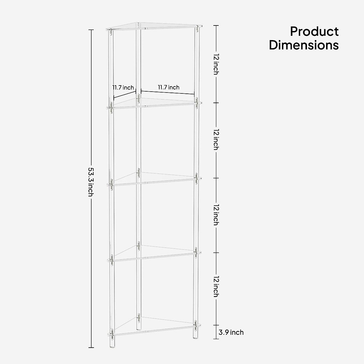 Elgaf Acrylic 5-Tier Corner Shelf Stand - 11.7'' W Corner Display Shelves Storage Shelf for Collectibles, Plants, Books, 11.7’’ D x 11.7'' W x 53.3'' H, Triangle, Clear