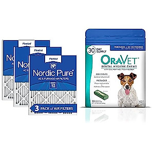 Nordic Pure 18x25x1 MERV 12 Pleated AC Furnace Air Filters 3 Pack & ORAVET Dental Chews for Dogs, Oral Care and Hygiene Chews (Small Dogs, 10-24 lbs.) Blue Pouch, 30 Count