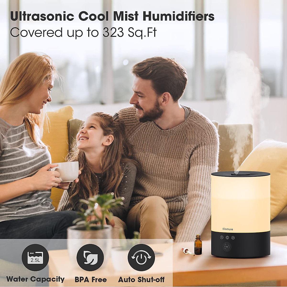 Cool Mist Humidifiers for Bedroom Large Room - Baby Air Humidifier with Night Light 8 Color - Quiet Ultrasonic Top Fill Humidifier - 28H Diffuser for Plants, Timer, Auto Shut-Off, 2.5L, White