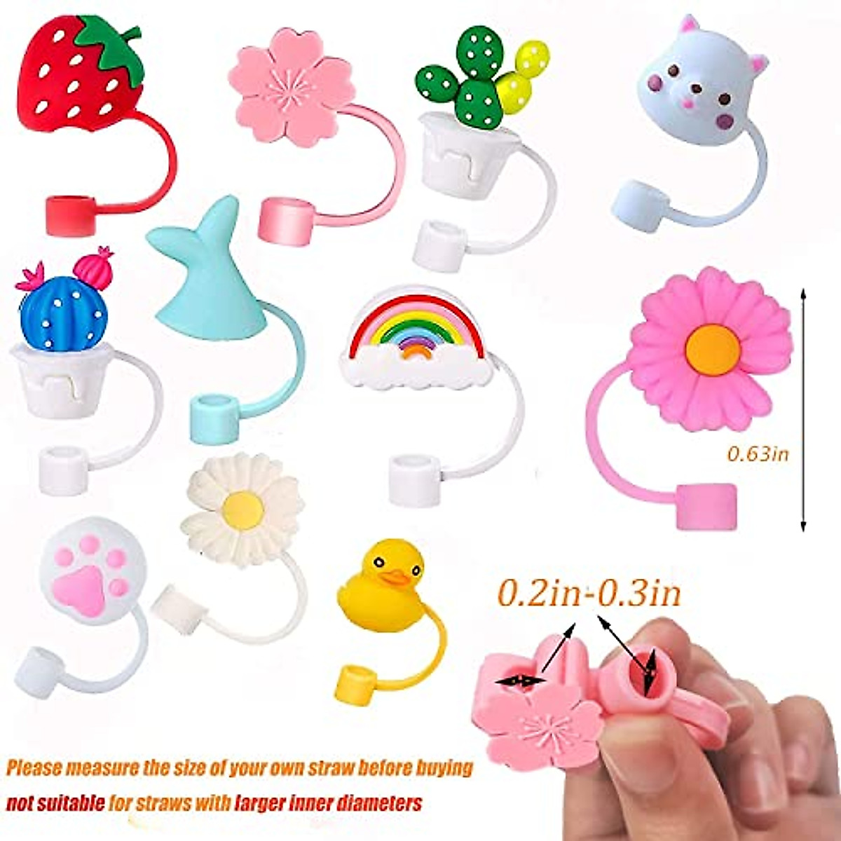 Silicone Straw Tips Cover 10 Pack Cute Silicone Reusable Drinking Straw Tips Lids Dust-Proof Straw Plugs for 1/4inch(6-8mm) Straw Tips for Decor Outdoor