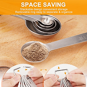 Sieqioor Durable Stainless Steel Metal Measuring Spoons Set for Dry or Liquid, Small Tablespoon, Teaspoons, Set of 7 Including Leveler, Etched Markings and Removable Clasp, Fits in Spice Jar