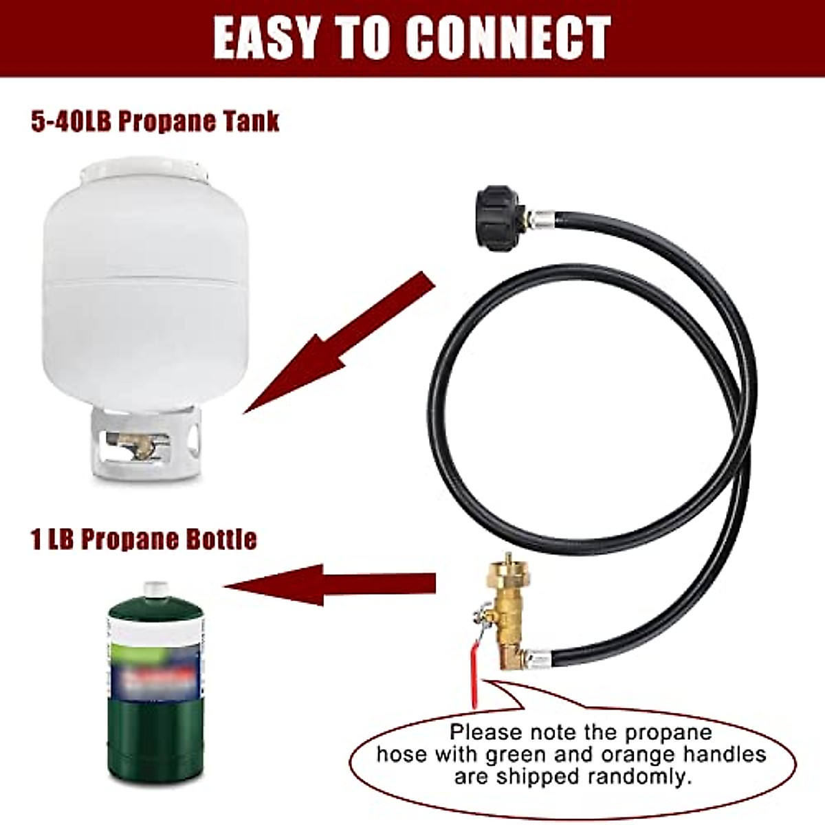 ATKKE Propane Refill Adapter Hose for 1 lb. Tanks, 48'' Propane Gas Extension Hose Fill 1lb Bottles from 20lb Tank, On/Off Shutoff Control Valve (QCC1 Type1 Inlet),4 Feet