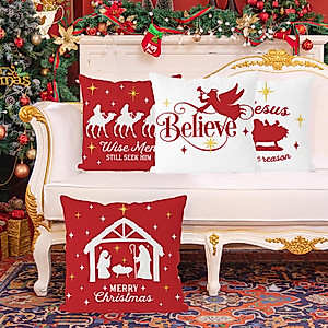 Christmas Pillow Covers 20x20 Inch Set of 4 Navitity Religious Throw Pillow Covers Red And White Christmas Xmas Winter Pillowcase Home Decor Living Room House Decorative Cushion Case for Sofa Couch