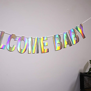 Blukey Holographic Welcome Baby Banner Hanging Bunting String Flag Iridescent White Baby Shower Decorations Banners and Signs