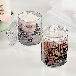 KEEPREAL Romantic Paris Tower Oil Painting Qtip Holder Dispenser with Lids, 2PCS Plastic Food Storage Canisters, Apothecary Jar Containers for Vanity Organizer Storage