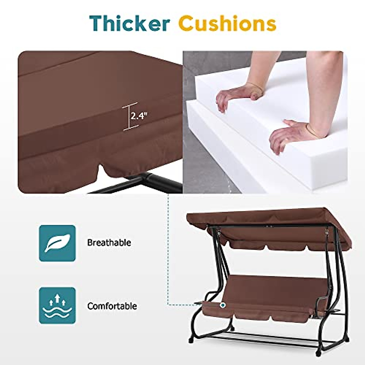 Mcombo 3 Seat Patio Swing Chair, Outdoor Swing with Adjustable Canopy, Weather Resistant Steel Frame, Porch Swing Sets for Backyard, Poolside, Balcony, 4090 (Brown)