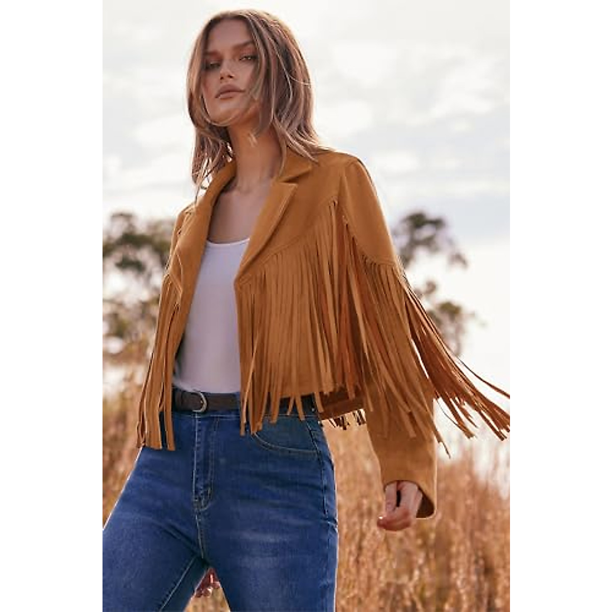 PRETTYGARDEN Women's Fringe Faux Suede Leather Jackets 2023 Fashion Tassel Motorcycle Cropped Coats (Brown Yellow,Small)
