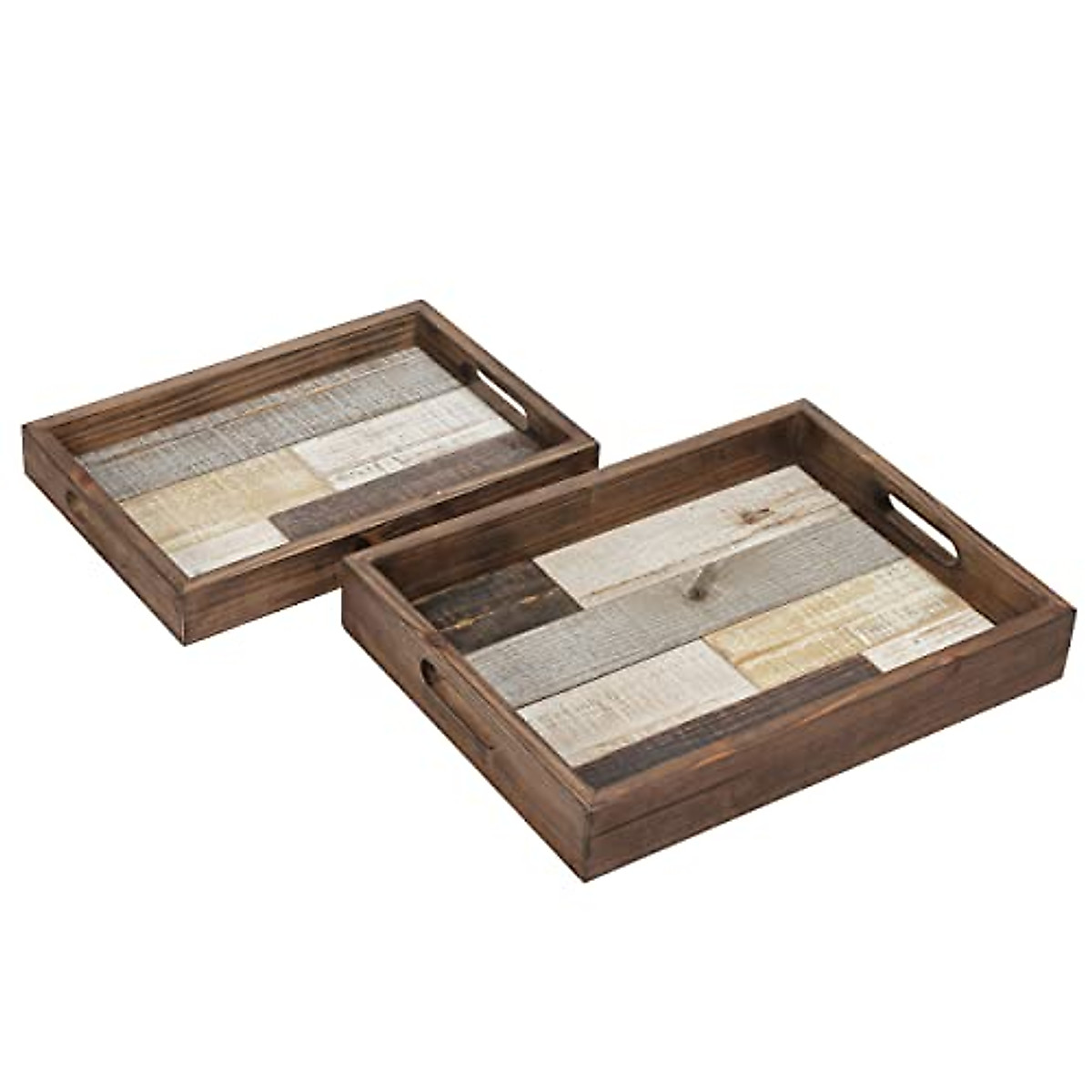 Wooden Serving Trays with Handles Set of 2, Unique Coffee Table Tray, Rectangular Decorative Ottoman Food Trays for Eating, Farmhouse Serving Platter for Food, Drinks, Breakfast, Patio, Home, Party