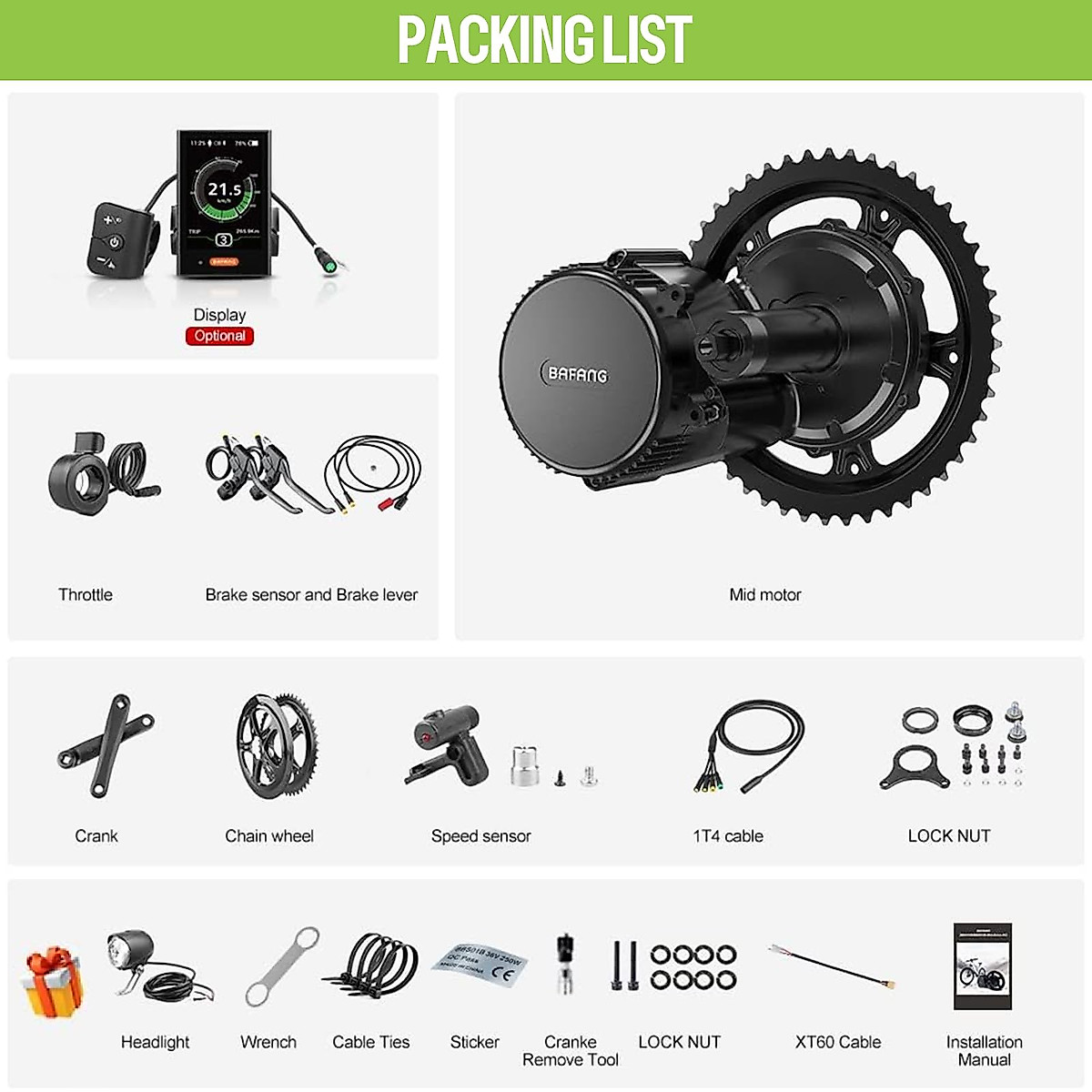 BAFANG BBS02B 36V/48V 500W Mid Drive Kit with Battery(Optional) 48V Ebike Motor with DIY LCD Display/Controller Electric Bikes Conversion kit for Mountain Bike(C18 Display,48V17.5AH Battery)