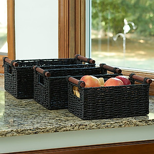 Household Essentials ML-7052 Paper Rope Wicker Storage Baskets with Wood Handles |Set of 3 | Black Stain