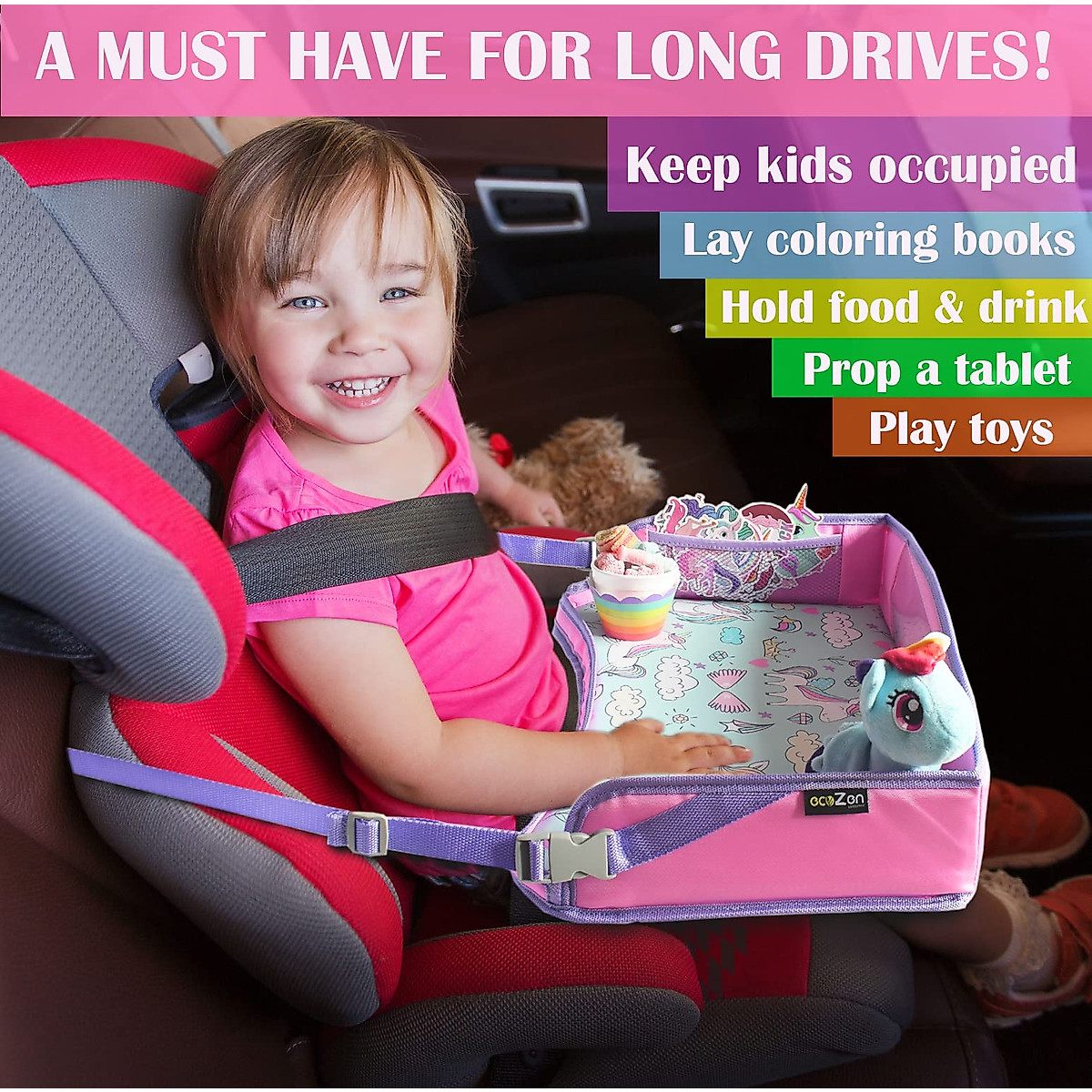 ecoZen Lifestyle Kids Travel Tray for Car - Toddler Lap Desk Organizer for Airplane, Pink Car Seat Tray for Kids Travel, Kids Roadtrip Essentials, Carseat Table Tray for Kids Road Trip Activities
