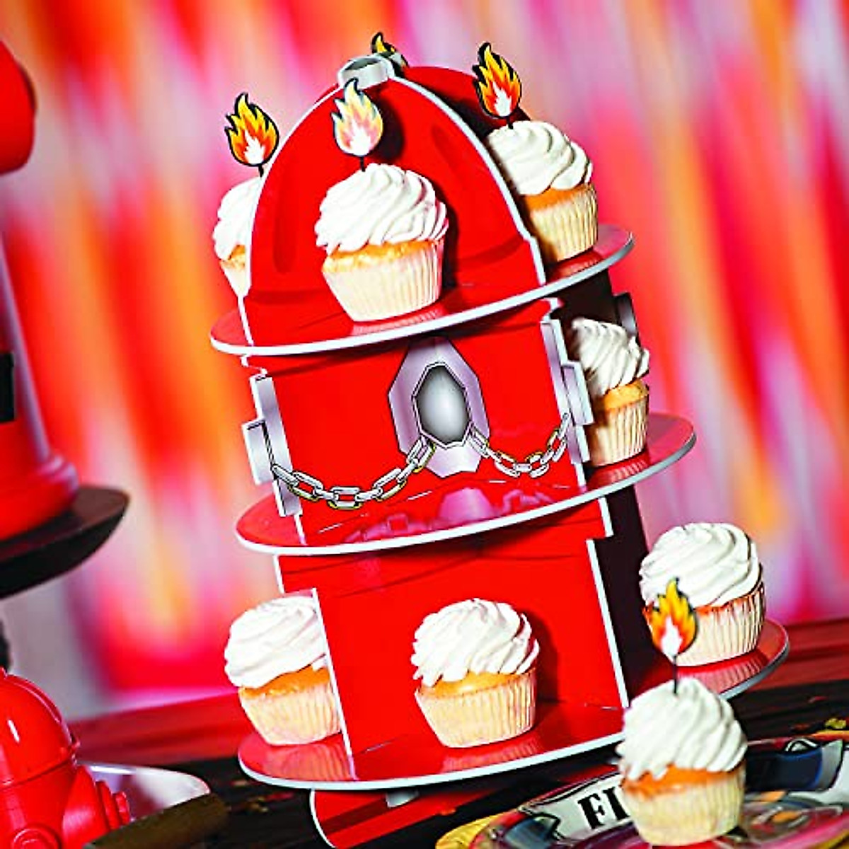 Fun Express Fire Hydrant Cupcake/Dessert Holder (3 Tiers) | Fire Truck | Fireman | Fire Fighter | Themed Birthday Party Supplies & Decor | Fire Department Event