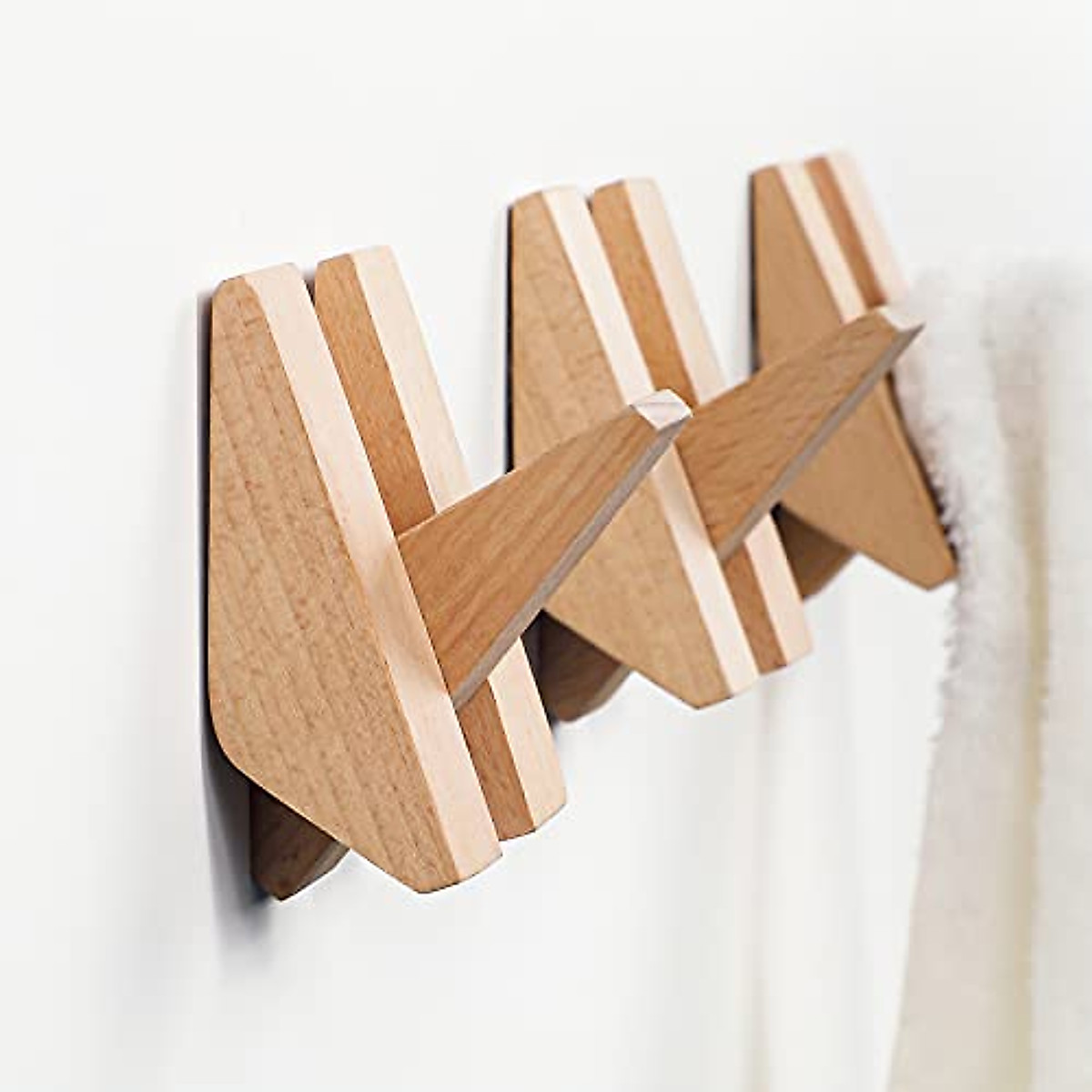 WOODOPOLY Wood Wall Hooks, 4 Pack Coat Hooks Wall Mounted Hooks Hat Hooks for Wall Mounted Sticks Multi Rack Solid Handmade Natural Wood Artwork with 4 Flip-Down Unique Modern Hangers 4 Pack