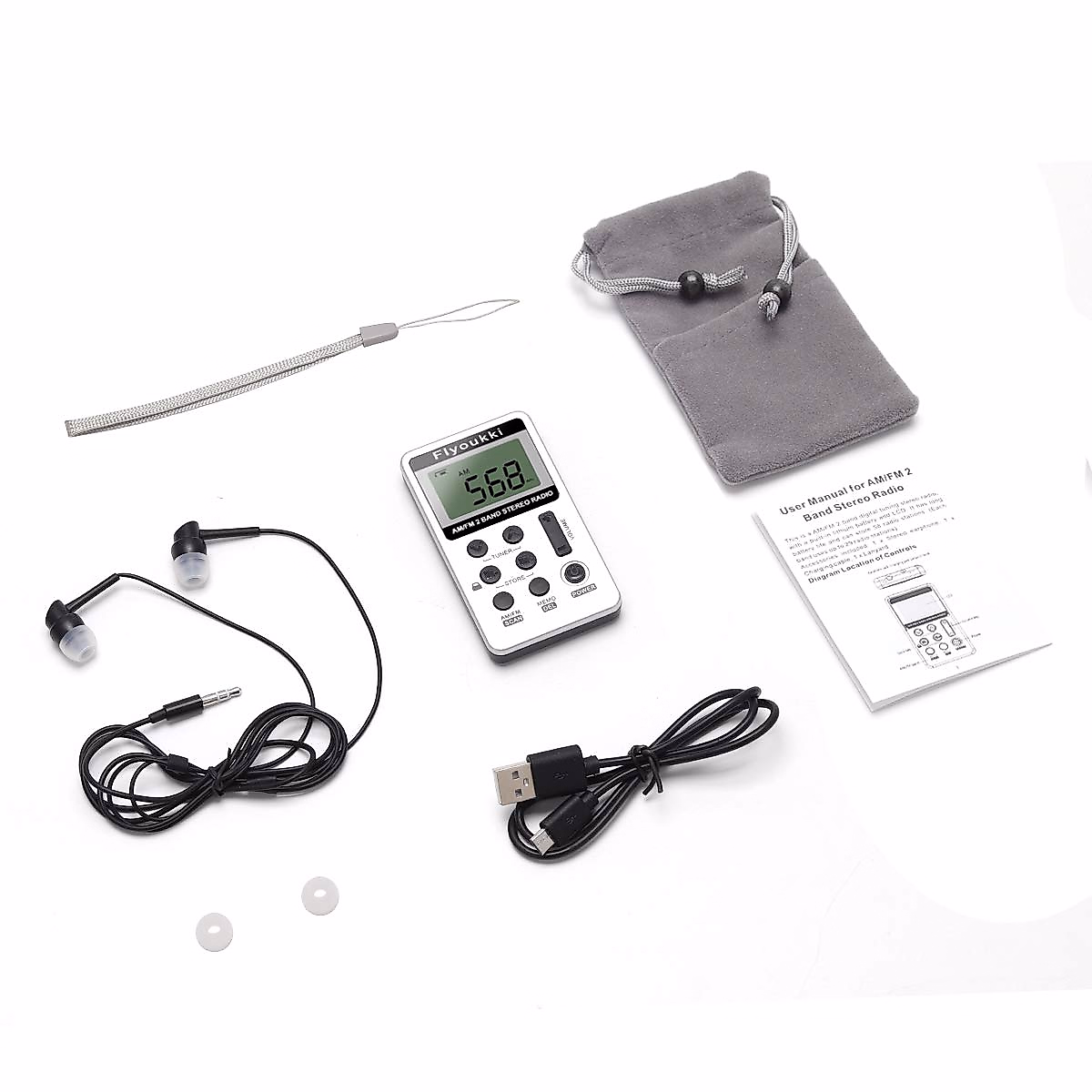 Pocket Small Radio by Flyoukki, Personal Mini AM FM Portable Digital Tuning Transistor Radios with Best Reception, Earphones, Lanyard and Rechargeable Battery for Walking Jogging Exercising (Silver)