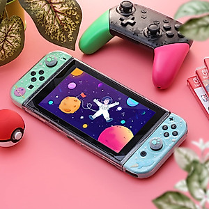 NANANINO Switch Clear Glitter Case, Switch TPU Case, Switch Protective Case with Animal Crossing Thumb Grips and Tempered Glass Screen Protector - Rocket Theme
