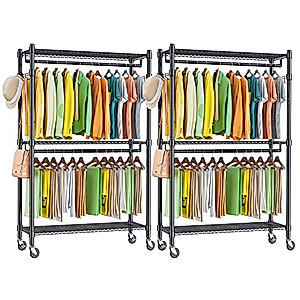 Homdox Double Rod Closet 3 Shelves Wire Shelving Clothing Rolling Rack Heavy Duty Garment Rack with Wheels and Side Hooks, 2-Pack