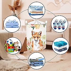Clastyle 45L Fox Pink Flowers Laundry Basket with Handle Spring Garden Blossom Floral Laundry Hamper with Drawstring Cute Animal Round Toy Clothes Storage Basket for Bedroom, 14.2x17.7 in