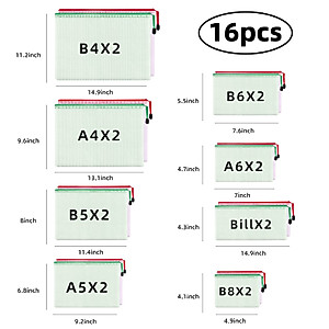Yclin 16pcs 8 Sizes Mesh Zipper Pouch,Waterproof Zipper Bags,for Board Games Toys Storage, 8 Sizes Waterproof Plastic Document Pouch,for Travel Accessories, Documents Cosmetics School Office Supplies