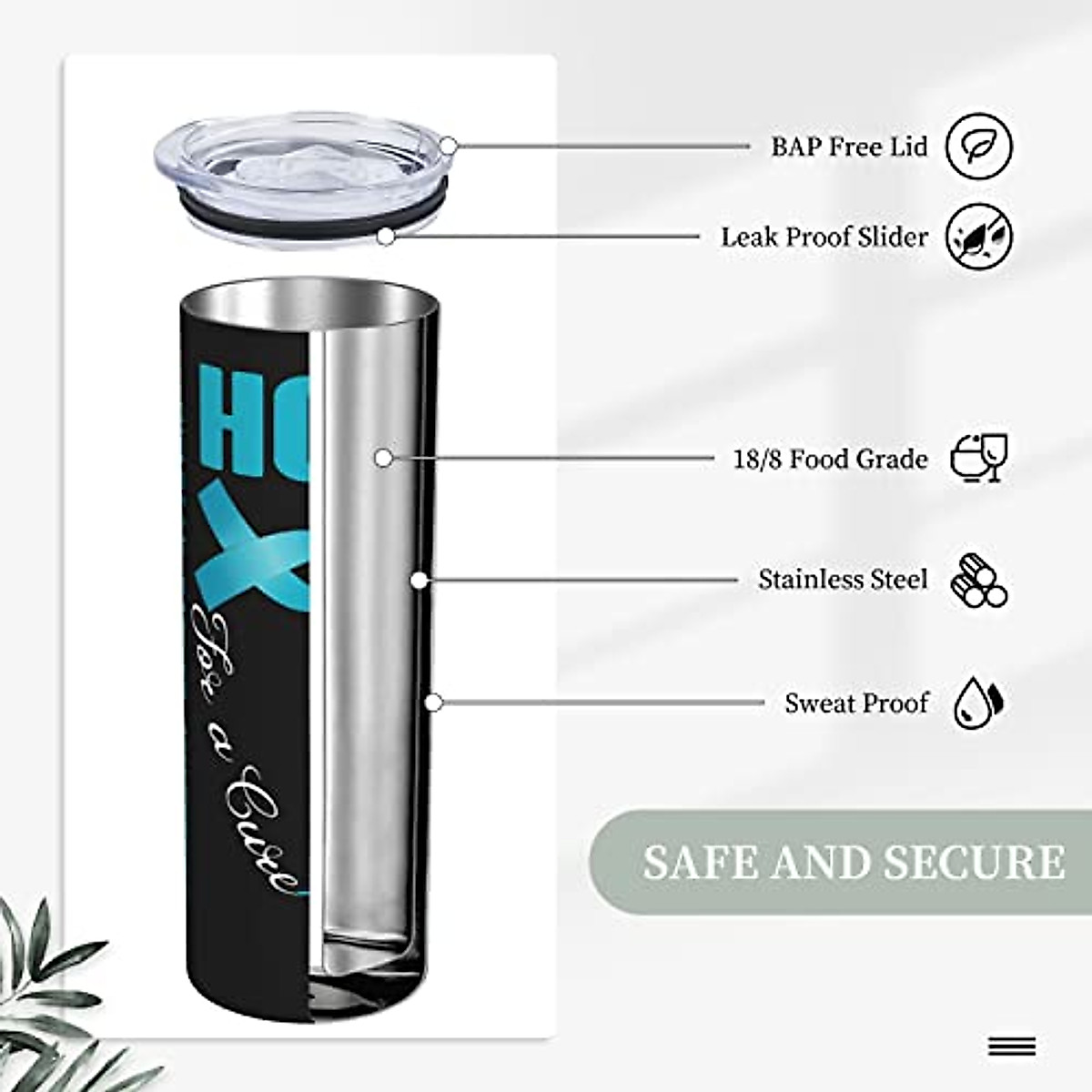 LIICHEES Hope For A Cure Ovarian Cancer Awareness Stainless Steel Vacuum Insulated Tumbler 20oz Coffee Cups Travel Mug Water Cup with Leak-Proof Flip Lid Metal Straw Cleaning Brush