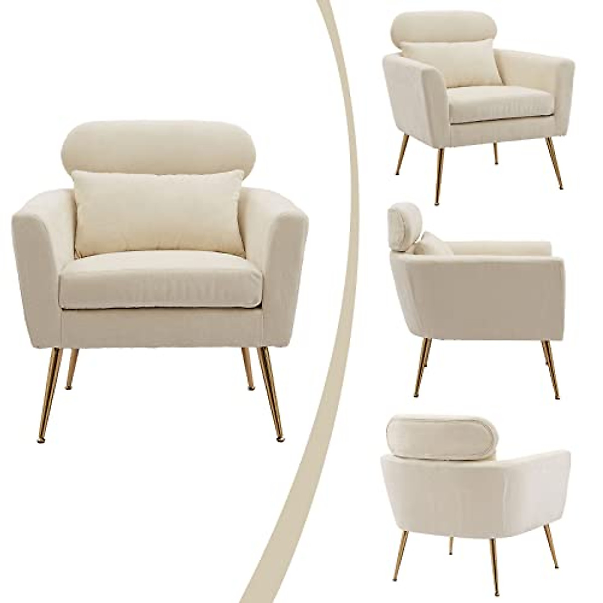 mikibama Mid Century Modern Accent Chair Upholstered Reading Chair Armchair with Throw Pillow Armchair Side Chair for Living Room Bedroom Dorm Room Office (Beige, Chenille)
