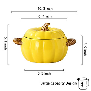 Dutch Oven Pot with Lid, Pumpkin Pottery Dessert Saucepan, Mini Baking Dish Cute Pumpkin Bowl, Covered Dutch Oven Ceramic Stockpot, Pumpkin-Shaped Casserole (Yellow)