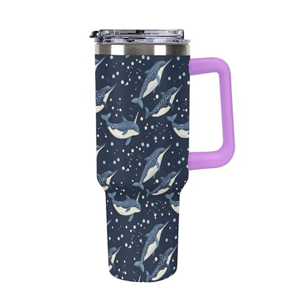 Whales Orcas Narwhals On Navy 40 Oz Tumbler Insulated Stainless Steel Water Bottle Travel Mug Car Cup with Handle And Straw