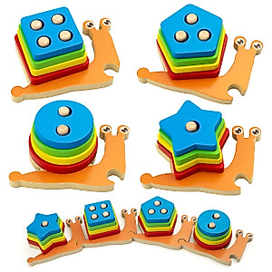 Coogam Shape Sorting Montessori Toy for Toddler, Wooden Snail Stacking Sorter Set Geometric Color Block Fine Motor Skill Preschool Educational Learning Gift