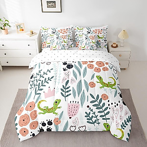 Erosebridal Reptile Kids Comforter Set Twin 7 Piece Lizard Gecko Print Bed in a Bag Wildlife Animal Room Decor,Green Leaf Pink Flowers Bedding Set with Fitted Sheet,Flat Sheet,Pillow Cases & Covers